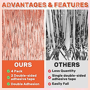 4-Pack Backdrop for Party Decorations, Foil Fringe Backdrop Curtains, Tinsel Streamers for Birthday Party Decorations, Rose Gold Tinsel Curtain for Graduation Mermaid Baby Shower New Year Prom Parties