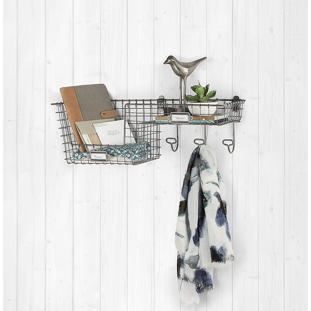 Spectrum Diversified Vintage Station, 2 Baskets with Label Plates for Entryway Storage, Sturdy Steel Hooks for Jackets, Leashes & Accessories, Rustic Farmhouse Decor, Large, Industrial Gray