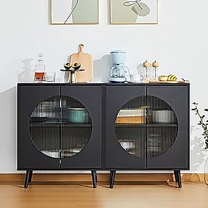 Modern Glass Sideboard Buffet Cabinet set of 2, Accent Cabinet Freestanding Kitchen Storage Cabinet Console Table with Adjustable Shelves and Pop-up Doors for Living Room, Kitchen, Hallway (Black)