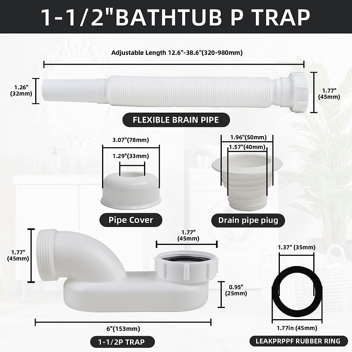 YYinno Flexible Bathtub Drain Pipe, Upgraded No-leak Low Profile 1 1/2 P Flat Drainage Pipe Kit, Flat P Trap Freestanding Tub Drain Flex-Drain for Bath