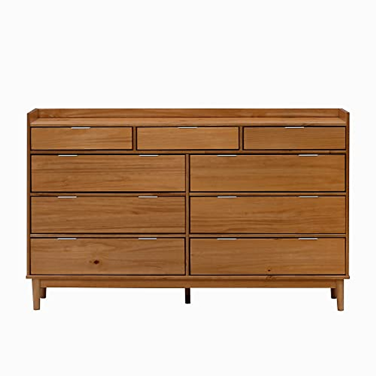 Walker Edison Blythe Mid-Century Modern Tray-Top Solid Wood 9-Drawer Dresser, 60 Inch, Caramel