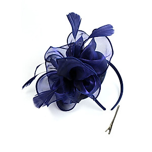 QDC Fascinators Hat Tea Party Derby Headwear Wedding Cocktail Hair Clip Bowler Feather Flower for Girls and Women Darkblue