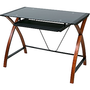 OneSpace Glass and Wood Computer Desk with Pullout Keyboard Tray and Black Glass Desktop, Black/Brown