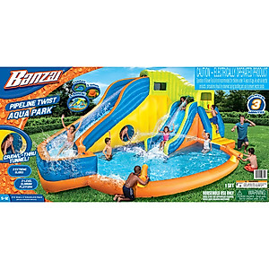 Banzai Pipeline Twist Kids Inflatable Outdoor Backyard Waterpark Activity Play Center: Baby Pool, Blow Up Pool with Outdoor Slide, and a Fun Clubhouse