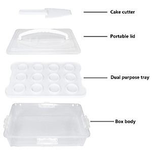 DIIRPPR White Plastic Cupcake And Cake Carrier - Stackable Cupcake Holder, Dessert Carrier For Full Size 17.2"x10.2" Cake Pans Or 12-Count Cupcake Tray, Cupcake Carrier & Cake Box (One Tier)