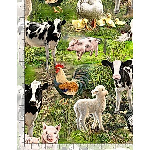 FlashPhoenix Quality Sewing Fabric - Animal Fabric - Farm Life Sheep Cow Pig Chicken Scene - Yard 36 x 44 Inch