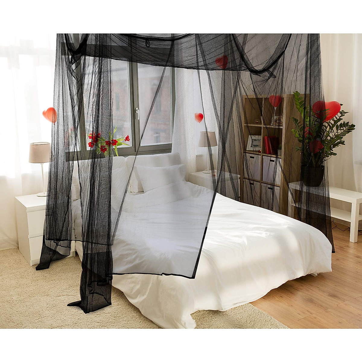 4 Corner Post Mosquito Net Canopy Bed Curtains Large Mosquito Netting Bedroom Princess Decoration Canopy Curtains with 4 Pieces Tassel Hanging Pendants for Full Queen King Size Bed (Black)