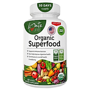 Organic Superfood Greens Fruits and Veggies Complex - Best Dietary Supplement with 14 Greens and 14 Fruits & Vegetables with Alfalfa Rich in Antioxidants Organic Ingredients Non-GMO 60 Tablets
