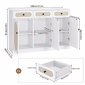 FOTOSOK Buffet Cabinet, Rattan Kitchen Cabinet with 3 Doors and 3 Drawers, Sideboard with Storage and Adjustable Shelves, Buffet Table for Dining Room Living Room Hallway