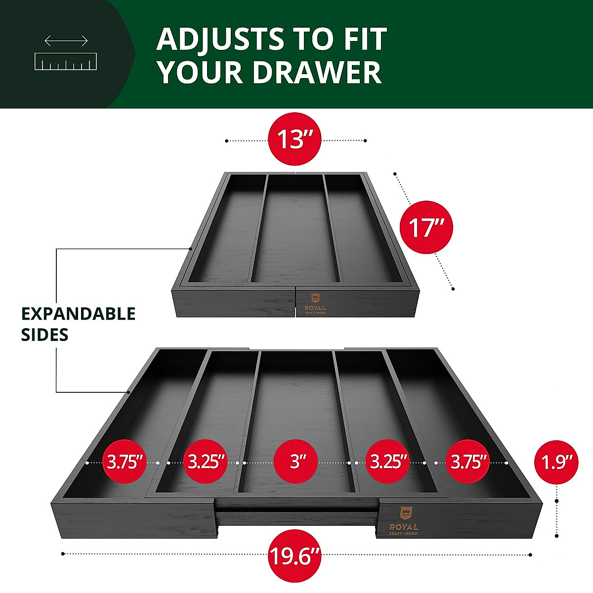 ROYAL CRAFT WOOD Luxury Bamboo Caddy Expandable Drawer and Utensil Organizer, Silverware Holder and Cutlery Tray, 19.6" x17", Black