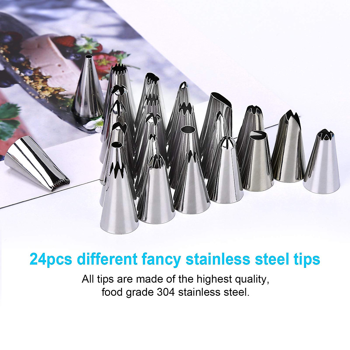 34Pcs Piping Bags and Tips Set, Bake Cake Decorating Kit with 24 Stainless Steel Tips, 2 Reusable Silicone Pastry Bags, 3 Icing Smoother, 2 Couplers, 2 Frosting Bags Ties and 1Pipe Brush