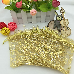 Ankirol 100pcs Sheer Organza Favor Bags For Wedding Baby Shower Rattan Print Gift Bags Samples Display Drawstring Pouches (3x4 inch, gold)