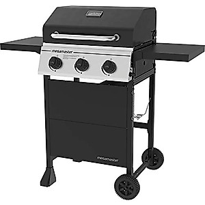 Megamaster 3-Burner Propane Gas Grill with 2 Foldable Side Tables, 30000 BTUs, Perfect for Camping, Outdoor Cooking, Patio and Garden Barbecue Grill, Silver and Black, 720-0988EA