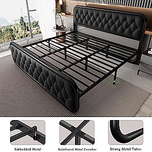 Feonase King Bed Frame with Rhombus Button Tufted, Oval-Shaped Metal Platform Bed with Faux Leather Headboard, Strong Slats Support, 12" Under-Bed Storage, Noise-Free, Easy Assembly, Black