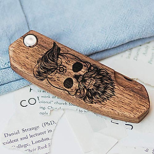 Beard Comb for Men Pocket Folding Combs for Mustache & Hair Travel Natural Wooden Comb with Real Man Engraving - Perfect for Use w/Beard Balm Oil (Skull)