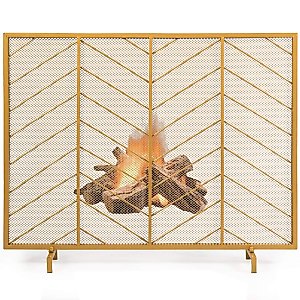 Tangkula Fireplace Screen, Contemporary Chevron Freestanding Fireplace Screen w/Sturdy Wrought Iron Frame, Gold-Tone Fire Spark Guard Gate w/Metal Decorative Mesh for Outdoor or Indoor Use