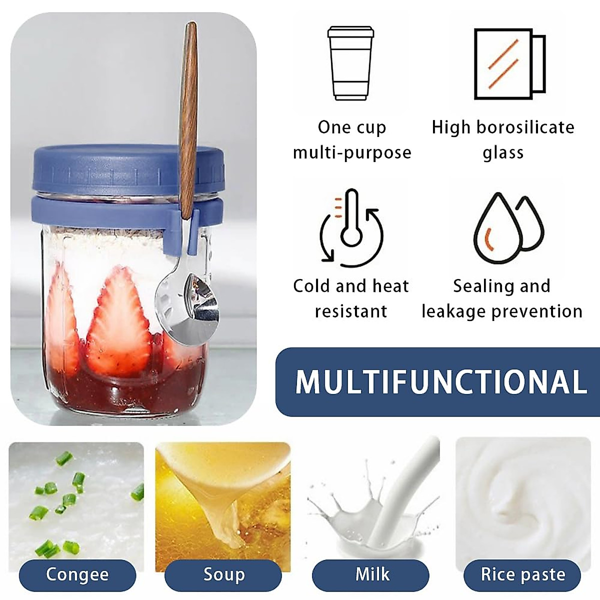 Overnight Oats Jars with Lid and Spoon 380ml Overnight Oats Jars Reusable Yogurt Holder and Cereal Mason Jars with Meter for Salads Milk Cereal Fruit etc (1) (A)