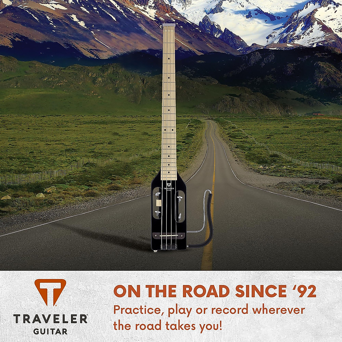 Traveler Guitar Ultra-Light Gloss Black Bass Guitar | Small Bass Travel Guitar with Removable Lap Rest | 30" Scale Portable Headless Guitar | Mini Guitar with Custom Gig Bag