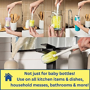 PowerPuff USA Made Reusable Baby Bottle Brush, Cleaning Sponge & Scrubber — 10" Long Handle to Scrubber — Baby Bottle, Water Bottle, Tumbler, Glass & Dish Sponge & Dish Scrub Brush — Pack of 3