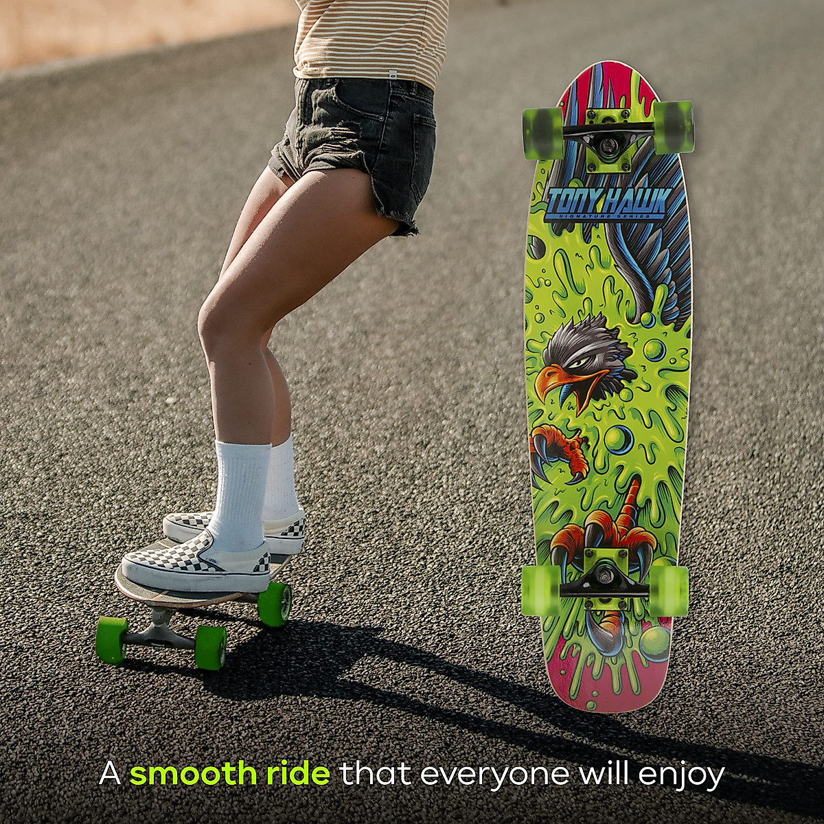 Tony Hawk 31" Complete Cruiser Skateboard, 9-ply Maple Deck Skateboard for Cruising, Carving, Tricks and Downhill, Slime Hawk