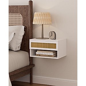 Floating Nightstand, Small Modern Floating Nightstand with Drawer, Floating Shelves for Bedroom, Bathroom (White Rattan)