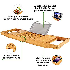 Bathtub Tray Bamboo Bathtub Caddy Tray with Extending Sides Adjustable Book Holder with Premium Luxury Tray Organizer for Phone and Wineglass (Wooden)