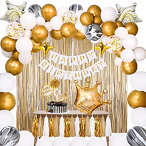 KATBUU Gold Birthday Decorations - Golden Birthday Party Decorations, Happy Birthday Decorations for Women Boys Girls Men, Golden Birthday Decor, White and Gold Birthday Decorations Set