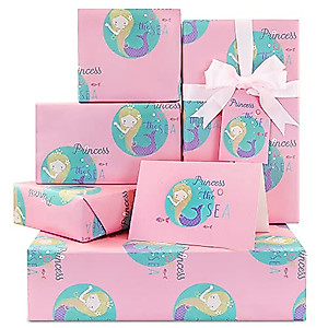 Princess of the Sea Little Mermazing Mermaid Wrapping Paper in pink Color Set of 4 Sheets 15 sq. ft. With Silk Ribbon and Matched Gift Tag and Greeting Cards, For Girls Kids Baby Women Gift Wrap