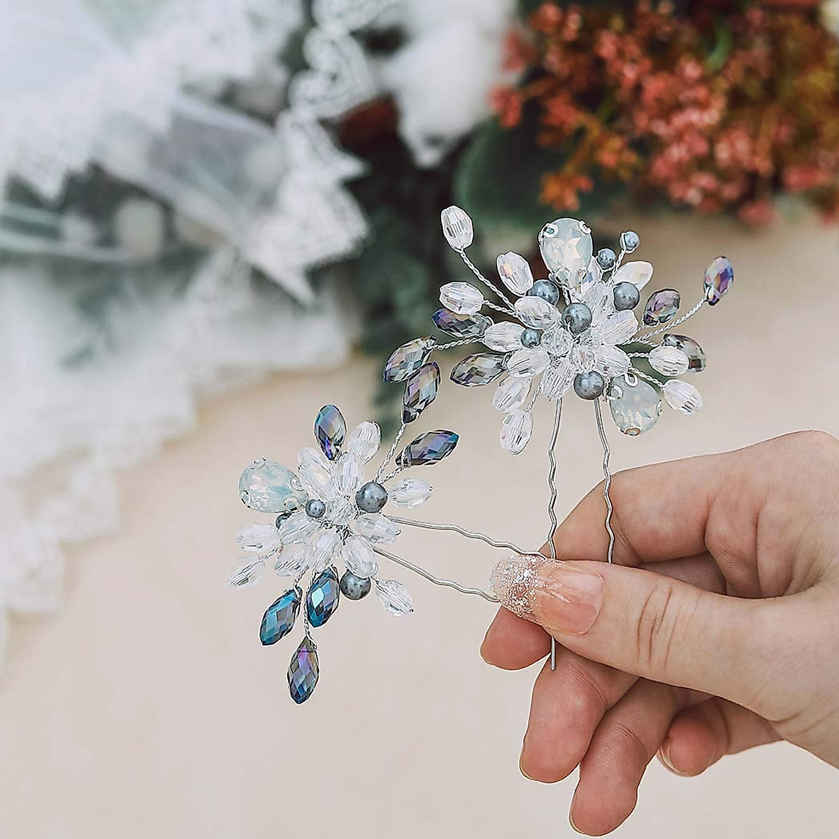 YBSHIN Bride Wedding Blue Hair Pins Silver Crystal Hair Clips Rhinestone Bridal Headpieces Beaded Hair Accessories for Women and Girls (Pack of 2)