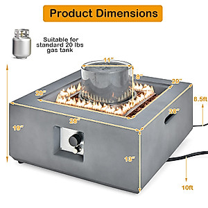 Giantex Fountain Fire Pit Table - 50,000 BTU Square Fire Table w/Middle Fountain, Wind Glass, Stainless Steel Burner, PVC Cover, CSA & UL Certificated, 28” Firepit for Patio, Poolside, Backyard,Gray