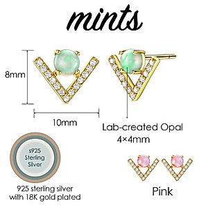 S925 18K Gold Plated Dainty Opal Stud Earrings Cubic Zirconia Chevron Accented Green Opal Sterling Silver Women's Earrings
