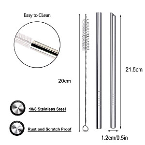 NEWORLD Reusable Stainless Steel Wide Boba Drinking Straws Fat Straws Smoothie/Bubble Tea/Milkshakes Straws with 2 Cleaning Brush & Carry Bag 12mm/0.5" Wide