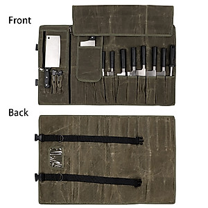 HERSENT Waxed Canvas Chef’s Knife Roll Bag,Army Green Knife Wrap,Portable Knife Roll, Waterproof Pocket Knife Carrier,Durable 16oz Knife Case With Adjustable Shoulder Strap