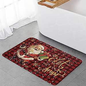 Christmas Santa Claus 1 Piece Water Absorbent Door Mat Anti-Skid Memory Foam Cushioned Rug Comfort Standing Floor Mat for Office Home Bathroom Kitchen 16x24 Inch Snowflakes Red Buffalo Plaid