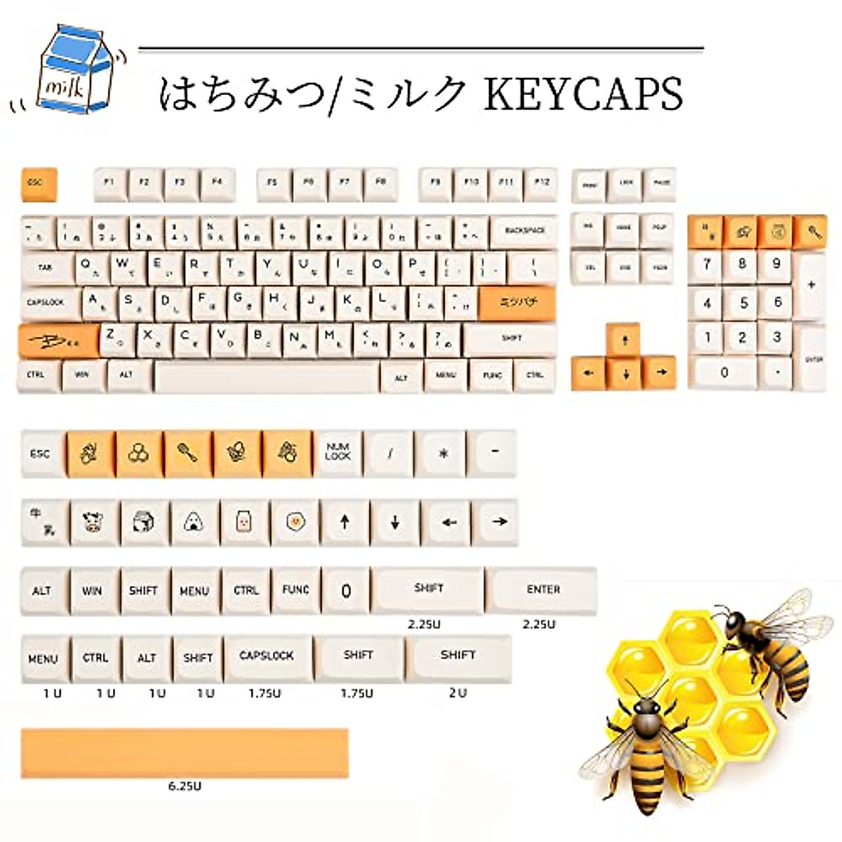 GTSP XDA Honey Milk Keycaps PBT Japanese Bee keycap 140-Key Set for Cherry MX Covers Fullsize 60% 65% 75% Keyboard（XDA/Honey Milk）
