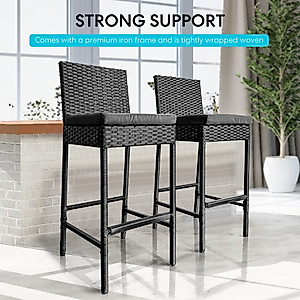 VIVOHOME Outdoor Wicker Barstool 4 Packs, Bar Chairs PE Rattan Materail, Patio Stools with Cushions, Black