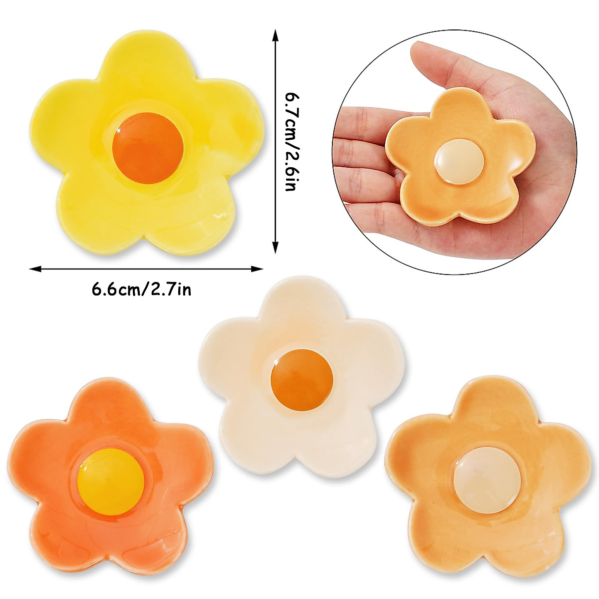 Whaline 4Pcs Flower Coffee Spoon Rest Groovy Retro Flower Ceramic Teaspoon Holder Boho Daisy Sauce Dishes Dipping Bowl Floral Ring Dish for Groovy Retro Boho Party Kitchen Office Home Decor