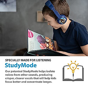ONANOFF BuddyPhones Play+, Wireless Bluetooth Volume-Limiting Kids Headphones, 20-Hours Battery Life, 3 Volume Settings, Voice Enhancing StudyMode, Answer/Playback Button, BuddyLink Cable, Deep Blue