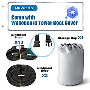Wakeboard Tower Boat Cover, Heavy Duty 100% Waterproof Over The Tower Cover for V-Hull Fishing Tournament Boat w/Ski Wakeboard Tower Boat Cover (25′-27′L,Up to 116″W, Grey)