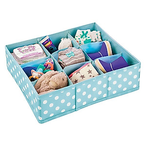 mDesign Soft Fabric 9 Section Dresser Drawer and Closet Storage Organizer for Child/Kids Room, Nursery, Playroom - Divided Large Organizer Bin - Herringbone Print - Turquoise/White - 2 Pack
