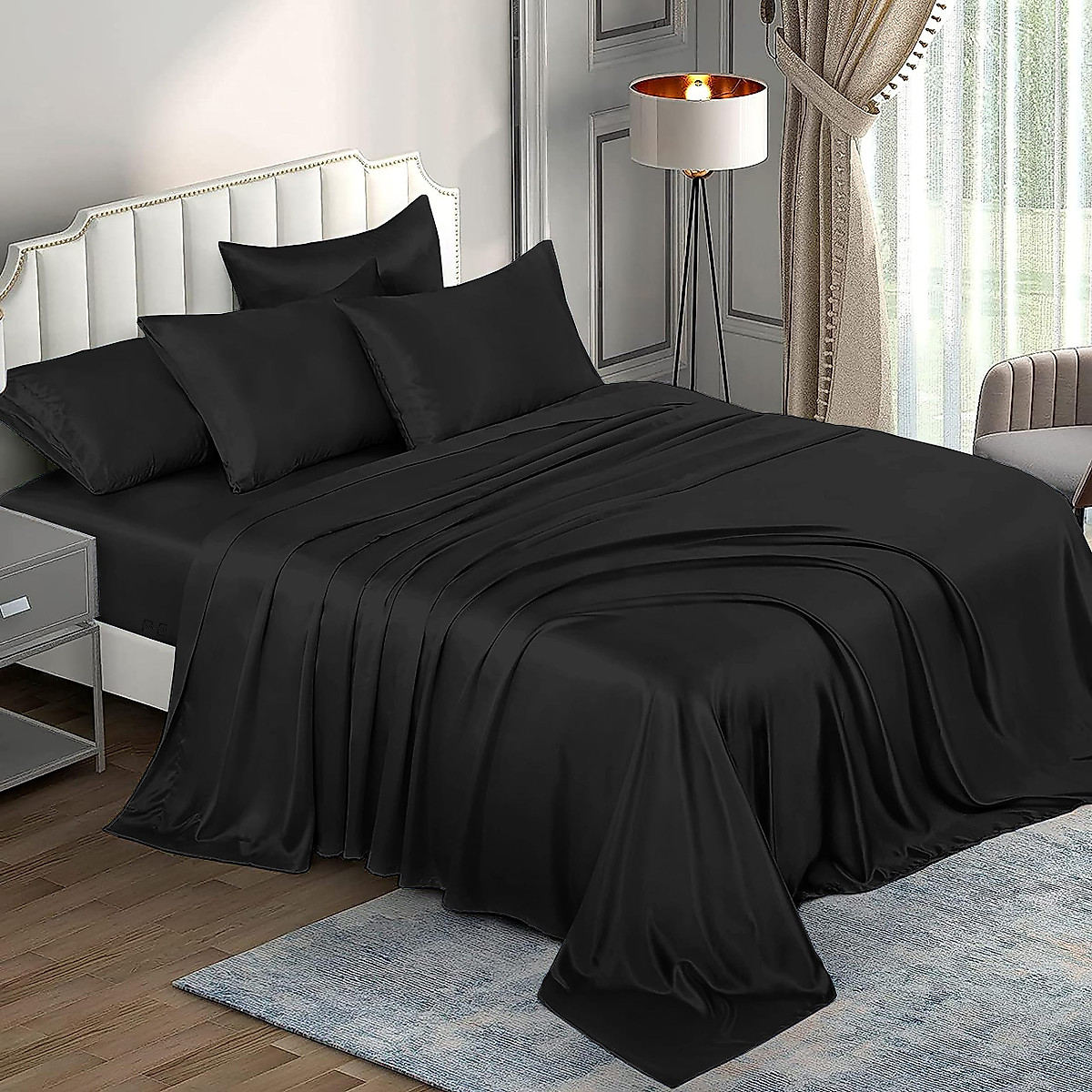 PURE ECO Rich Silk 6 Piece Satin Sheet Set Twin XL Size (39x80)+ Upto 12 Inch Deep Pocket Black Color Smooth Soft and Silk Satin Bed Sheets Twin Size Bedding Set