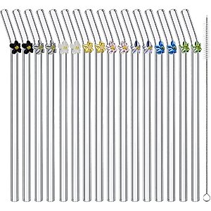 16 Pieces Reusable Glass Straw with Flower Cute Colorful Glass Straws with Design 7.87 x 0.31" Shatter Resistant Bend Straws and Cleaning Brush for Cocktail Hot or Cold Drinks