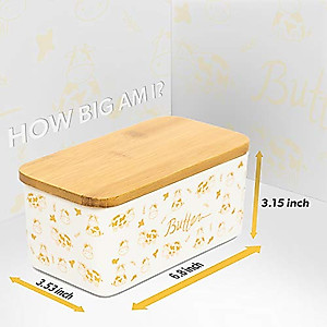Lumicook Ceramic Butter Dish with Wooden Lid, Large Butter Container Keeper Storage with Stainless Steel Butter Knife Spreader, Bamboo Cover, butter holder easily fits 2 sticks of butter