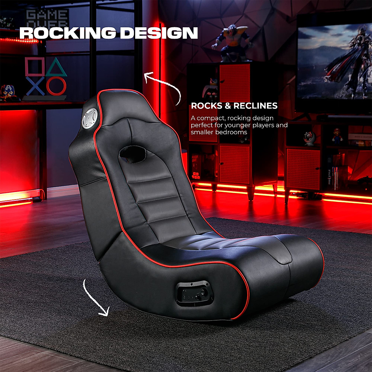 X Rocker Surge Video Gaming Floor Chair with Built-In Wireless Bluetooth Audio, Foldable, Padded Backrest, Faux Leather, 275 lbs Max, Black and Red