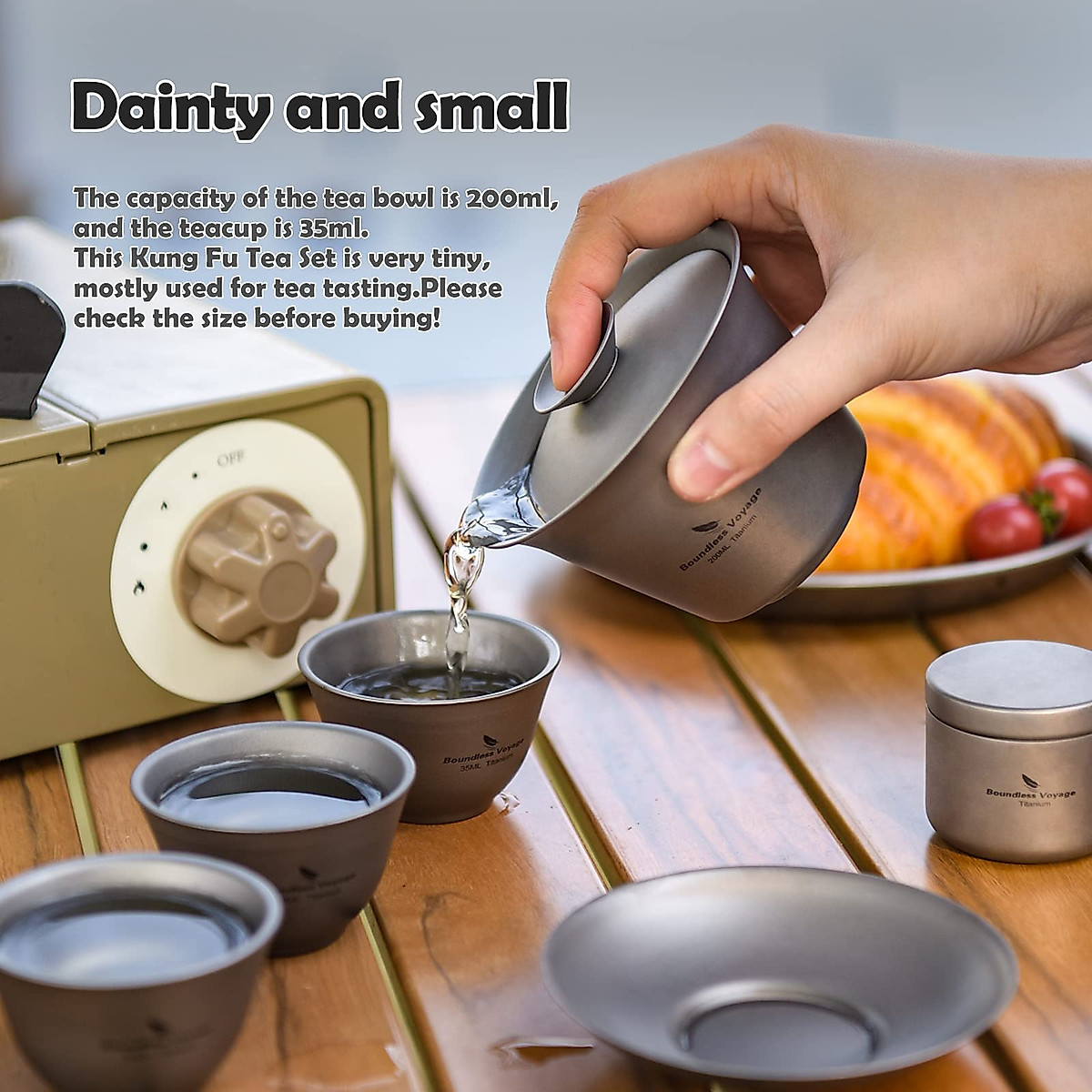 iBasingo 200ML Titanium Gaiwan Kung Fu Teacup with Lid and Saucer Set Lightweight Portable Chinese Traditional Gaiwan Tea Bowl Teacup with Cover Outdoor Camping Tea Set Ti3123D