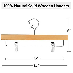 AMKUFO 20pcs Wooden Pants Hangers Solid Pants Hangers with Adjustable Clips 14 Inch Natural Wood Skirt Hangers Trousers Bottom Hangers with Non-Slip Clips and 360° Swivel Hook