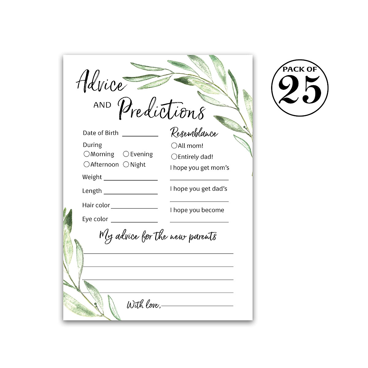 GREENERY Prediction and Advice Cards,Pack of 25, New Parents Mom & Dad to be Mommy & Daddy Message, Rustic Floral Green Olive Branch Couples Coed Shower Activity Keepsake Book G320-PDAV