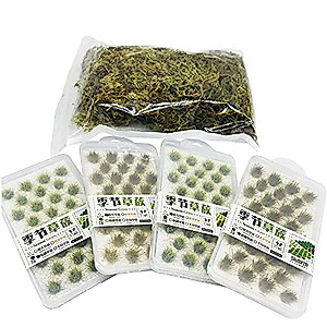 Cayway 128 PCS Static Grass Tuft Model Grass Tufts Terrain Model Kit Resin Static Scenery Model, Fake Moss Grass and Tweezers for Train Landscape Railway Artificial Grass Modeling