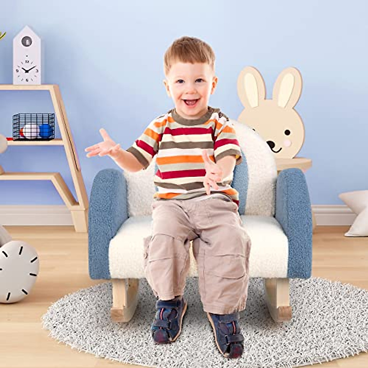 HOMGX Kids Rocking Chair, Toddler Couch with Solid Wood Base & Non-Slip Pads, Kids Rocking Sofa with Plush Fabric, Cute Children Rocker Armchair in Playroom, Nursery, Bedroom