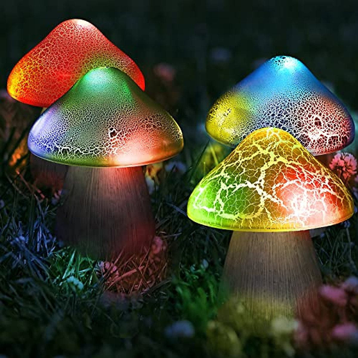4 Pieces Outdoor Solar Powered Garden Mushroom Lights LED Waterproof Cute Mushroom Shaped Pathway Landscape Lights 2 Modes Automatic Change and 5 Lamp Beads for Yard Landscape Decoration
